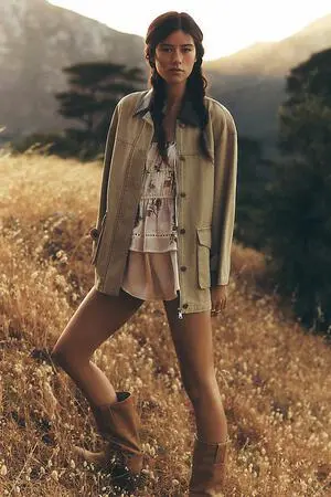 PILCRO Faux-leather Collar Barn Jacket - Khaki