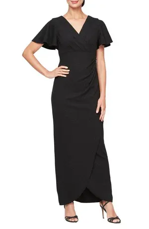 SL FASHIONS Flutter Sleeve Glitter Gown - Black