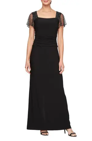 SL FASHIONS Ruched Beaded Flutter Sleeve Column Gown