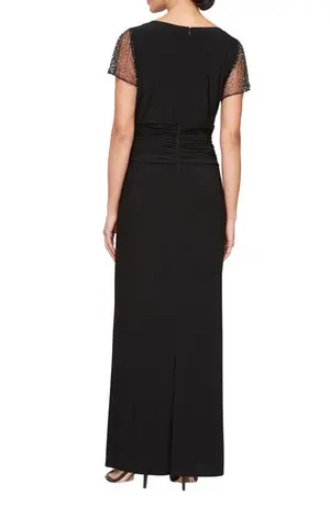 SL FASHIONS Ruched Beaded Flutter Sleeve Column Gown