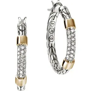 John Hardy Jh Essentials Two-tone Diamond Hoop Earrings - Silver