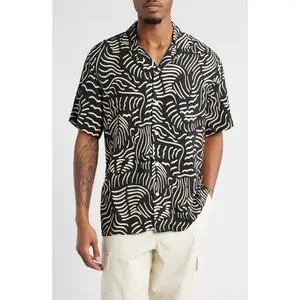 Oas Lorenzo Abstract Botanic Print Viscose Camp Shirt - Black
