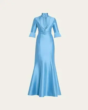 Badgley Mischka Pleated-trim Trumpet Gown - Azure