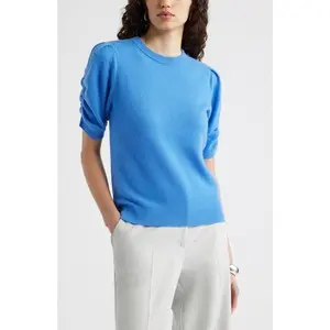 Nordstrom Ruched Short Sleeve Cashmere Sweater - Blue Stream