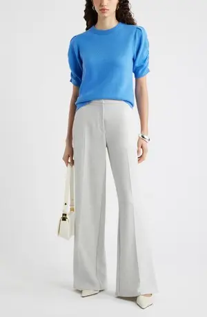 Nordstrom Ruched Short Sleeve Cashmere Sweater - Blue Stream