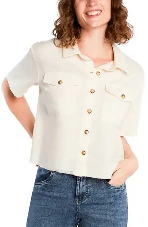 HINT OF BLU Emily Frayed Short Sleeve Denim Shirt - Eggshell