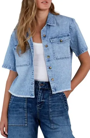 HINT OF BLU Emily Frayed Short Sleeve Denim Shirt - Morning Blue