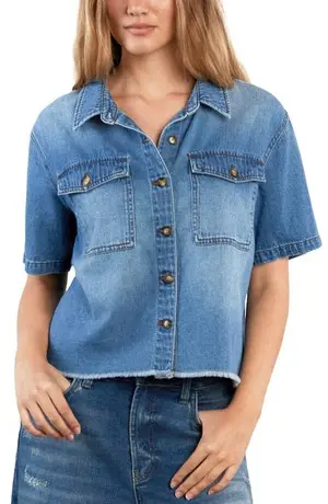 HINT OF BLU HINT OF BLU' Emily Frayed Short Sleeve Denim Shirt Shine Blue