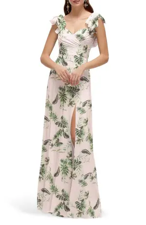 After Six Ruffle Strap Chiffon Gown - Palm Beach Print