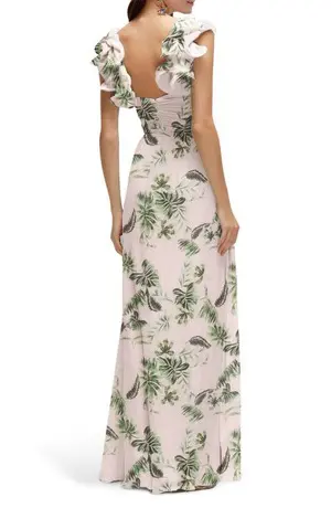 After Six Ruffle Strap Chiffon Gown - Palm Beach Print