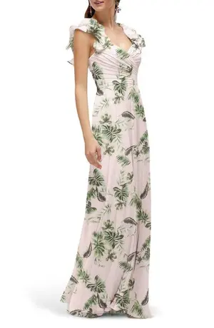 After Six Ruffle Strap Chiffon Gown - Palm Beach Print