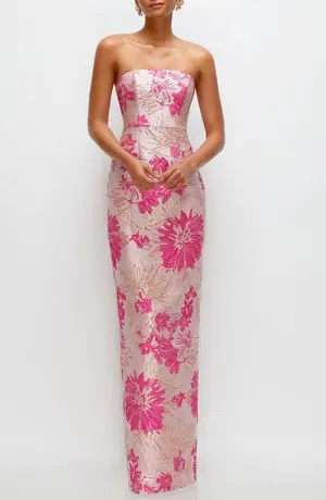 Alfred Sung Metallic Floral Jacquard Strapless Column Gown - Pink Multi