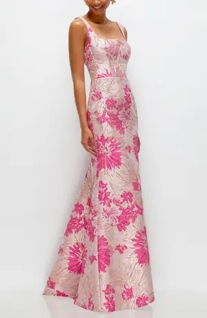 Dessy Collection Hibiscus Square Neck Trumpet Gown