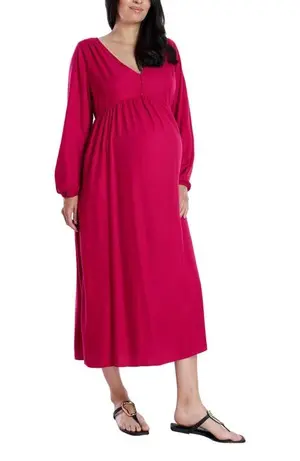 Motherhood Maternity Long Sleeve Button Front Maternity Midi Dress - Cerise
