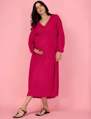 Motherhood Maternity Long Sleeve Button Front Maternity Midi Dress - Cerise