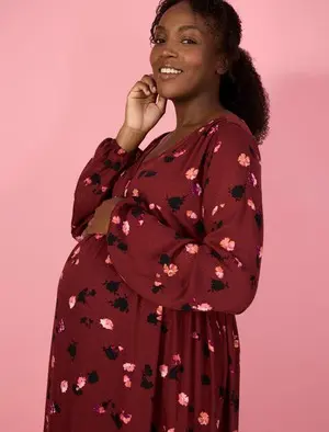 Motherhood Maternity Long Sleeve Button Front Maternity Midi Dress - Cerise