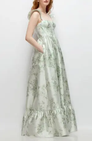 Dessy Collection Floral Satin-twill Gown - Sage Cottage Rose