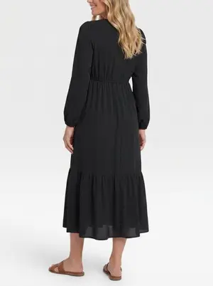 Motherhood Maternity Long Sleeve Ruffle Midi Maternity Dress - Black