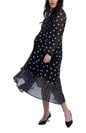 Motherhood Maternity Long Sleeve Ruffle Midi Maternity Dress - Mixed Dot