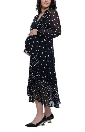 Motherhood Maternity Long Sleeve Ruffle Midi Maternity Dress - Mixed Dot