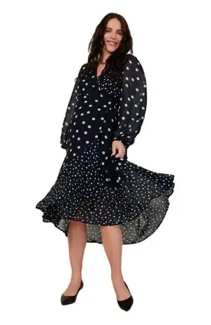 Motherhood Maternity Long Sleeve Ruffle Midi Maternity Dress - Mixed Dot