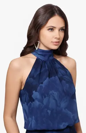 Betsy & Adam Tonal Floral Print Chiffon Gown