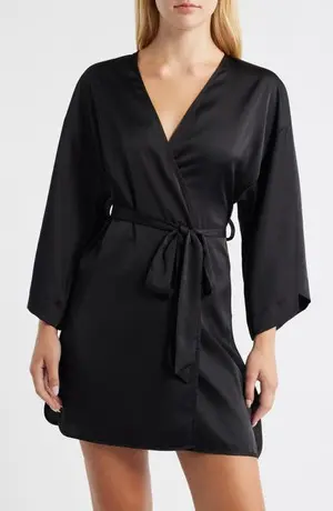 OPEN EDIT Get Ready With Me Satin Robe - Black- Ivory Sm Polka Dot