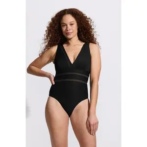 LANDS' END Mesh Plunge High Leg One Piece Swimsuit - Black Ottoman
