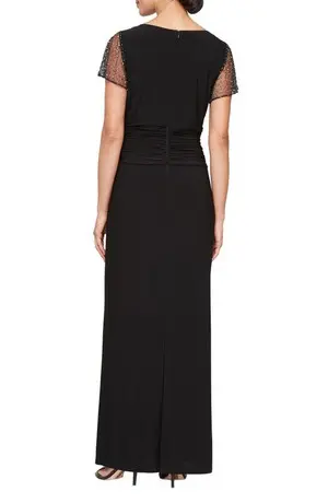 SL FASHIONS Beaded Sleeve Ruched Waist Gown