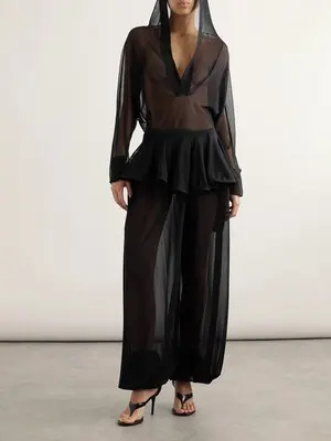 Alaïa Pleated Georgette Peplum Tapered Pants - Black