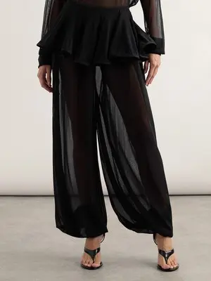 Alaïa Pleated Georgette Peplum Tapered Pants - Black