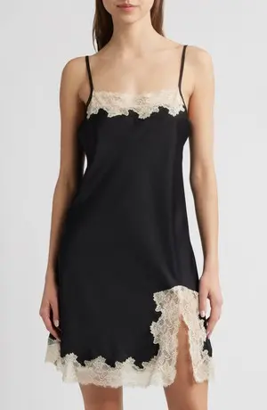 OPEN EDIT Lace Trim Satin Chemise Black- Ivory Sm Polka Dot
