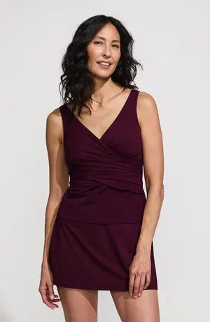 LANDS' END Slender Suit Tummy Control Wrap Tankini Top - Dark Wine