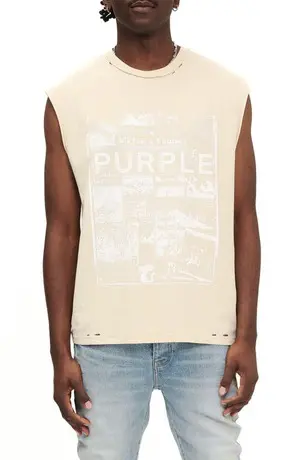 PURPLE BRAND Textured Jersey Graphic Muscle Tee - Ecru