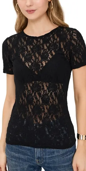 Hanky Panky Short Sleeve Lace Top - Black