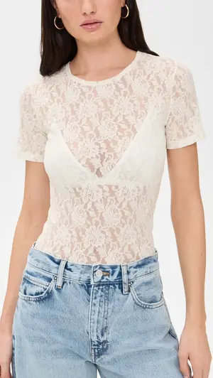 Hanky Panky Floral Lace Short Sleeve Top - Marshmallow