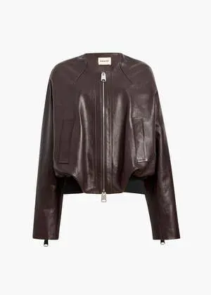 Khaite Hewit Leather Bomber Jacket Dark Brown