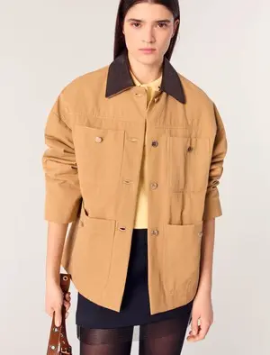 Maje Cropped Cotton Utility Jacket With Leather Collar