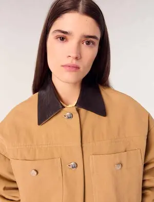 Maje Cropped Cotton Utility Jacket With Leather Collar