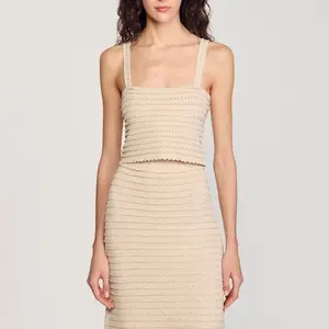 Sandro Rhinestone Knit Crop Top - Beige