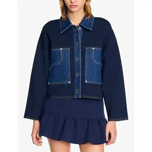 Sandro Pointed-collar Denim-trim Cardigan