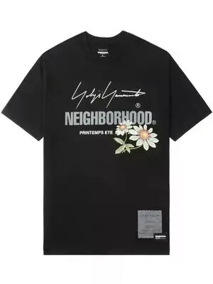 Yohji Yamamoto X Neighborhood Floral-print Logo-patch T-shirt - Black