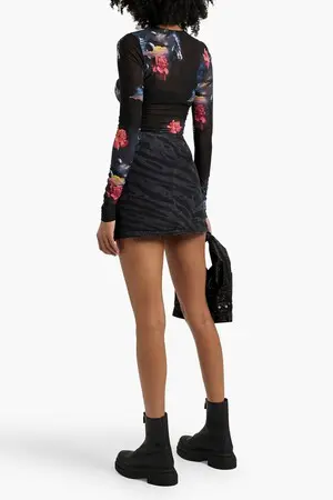 GANNI Tiger-print Denim Mini Wrap Skirt - Charcoal