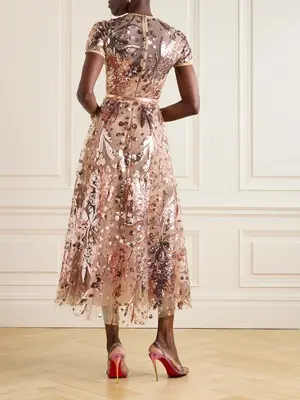 Elie Saab Belted Sequin-embellished Tulle Midi Dress