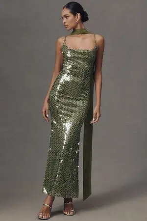 MARE MARE Kassidy Cowl-neck Stretch Sequin Maxi Dress - Olive