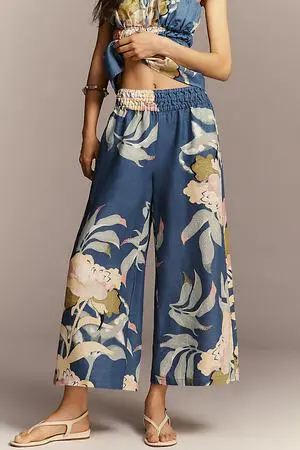 THE SOMERSET COLLECTION BY ANTHROPOLOGIE Somerset 100% Linen Pull-on Pants - Blue Pattern