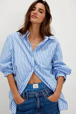 Free People Sabine Striped Articulated Shirt - Oxford Stripe - Blue Combo