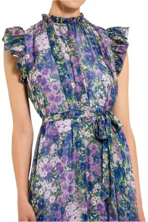 Mac Duggal Belted Floral Chiffon Gown - Lilac Multi
