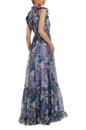 Mac Duggal Floral Chiffon Gown With Ruffle Sleeves And Belted Waist - Lilac Multi