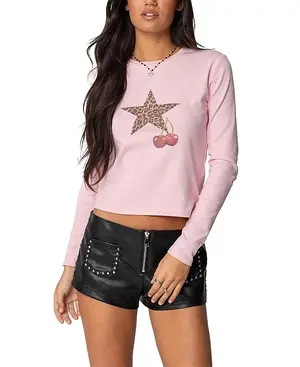 EDIKTED Cherry Leopard Star Long Sleeve T-shirt - Pink